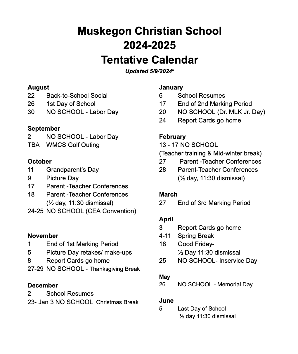 Calendar - Muskegon Christian School
